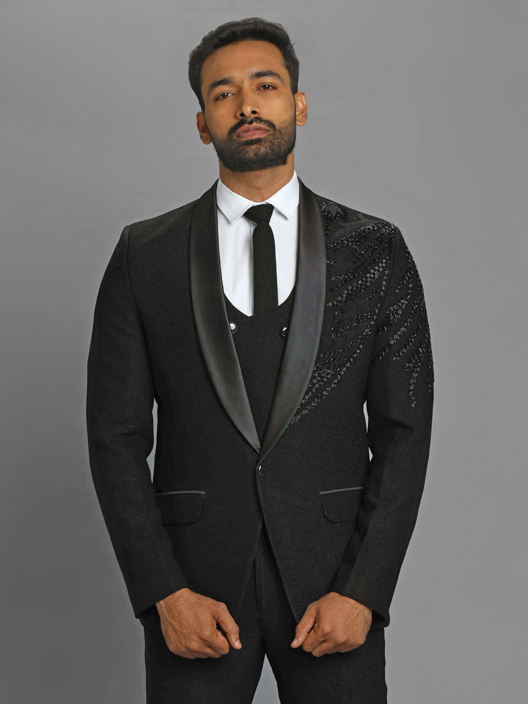 Candidmen: Rent/Buy - Black Heavy Embroidered Left Shoulder Suit