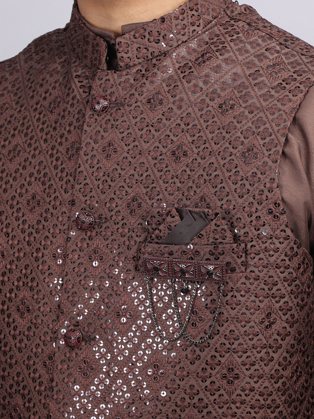 Rent Brown Self Embroidered Bandi Kurta Set – Regal&Stylish