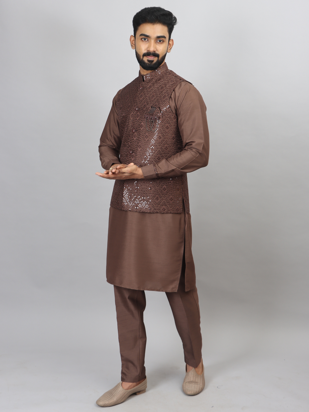 Rent Brown Self Embroidered Bandi Kurta Set – Regal&Stylish