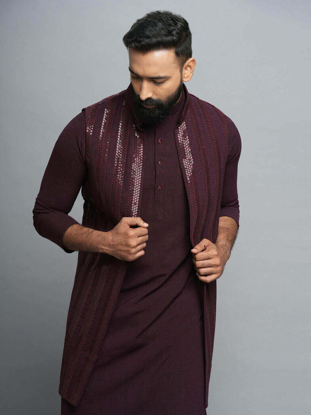 Rent/Buy Maroon Shimmer Kurta Pyjama Bandi Set | Home Trial | Free ...