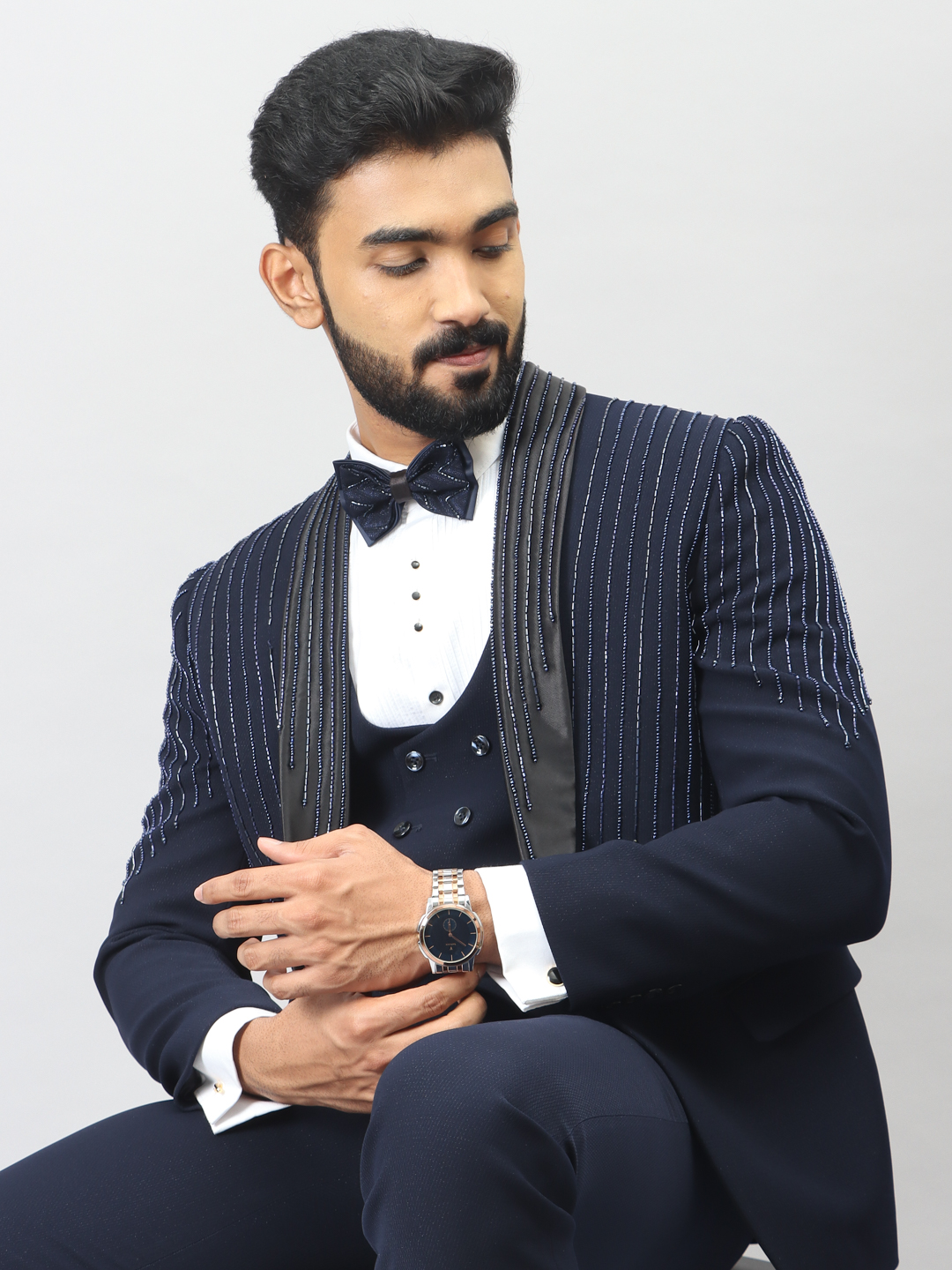 Rent Navy Blue Beads Line Embroidered 3 Piece Suit | Stylish