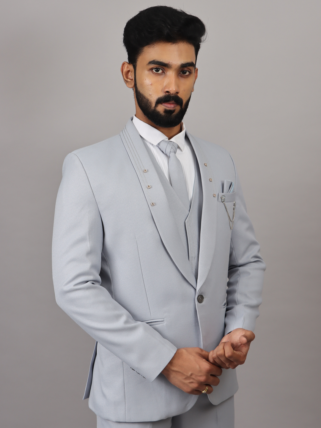 Rent Sky Blue Suit with Diamond Metal Lapel– Stylish&Elegant